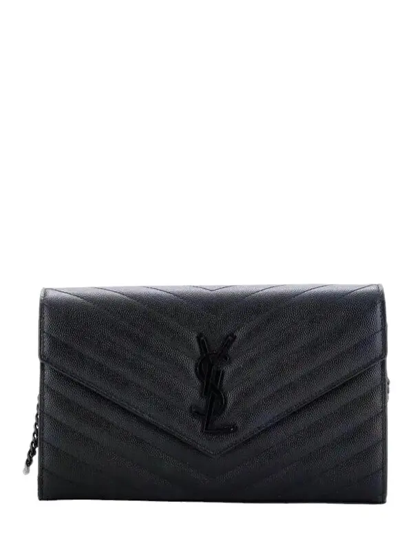 Saint Laurent Classic Monogram Wallet On Chain Matelasse Chevron Leather Medium Crossbody Bag - Black