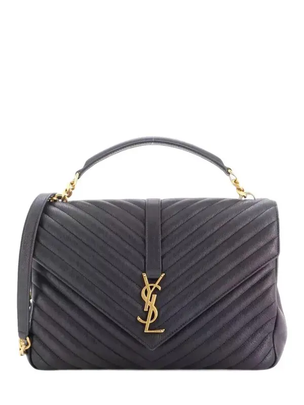 Saint Laurent Classic Monogram College Bag Matelasse Chevron Leather Large Shoulder Bag - Black