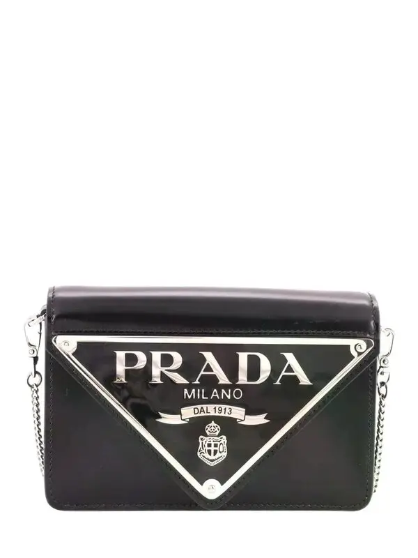 Prada Maxi Triangle Logo Chain Flap Bag Brushed Leather Small Crossbody Bag - Black