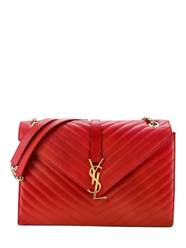 Saint Laurent Classic Monogram Envelope Satchel Matelasse Chevron Leather Large Shoulder Bag - Red