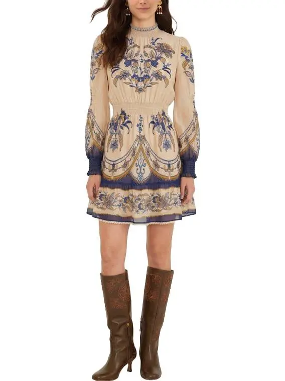 Farm Rio Liz Long Sleeve Minidress - Beige