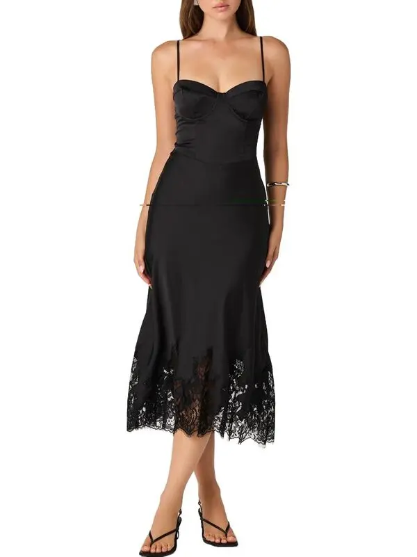 Astr The Label Abrianna Lace Trim Satin Midi Dress - Black