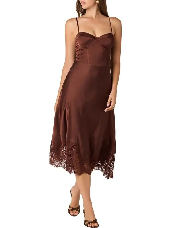 Astr The Label Abrianna Lace Trim Satin Midi Dress - Brown