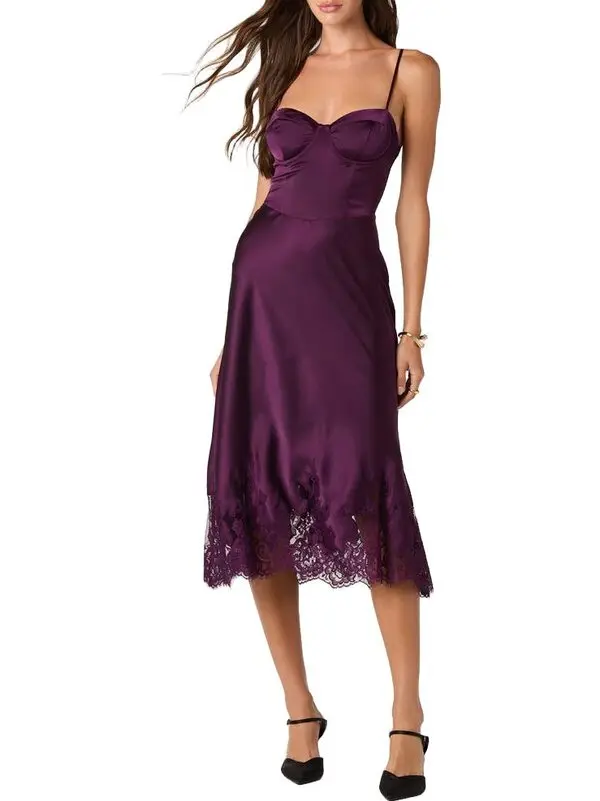 Astr The Label Abrianna Lace Trim Satin Midi Dress - Eggplant