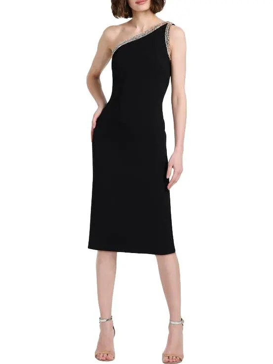 EMILY SHALANT Crystal Trim Stretch Crepe Cocktail Dress - Black
