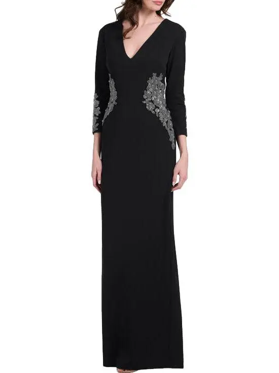 EMILY SHALANT Metallic Appliqué Stretch Crepe Gown - Black