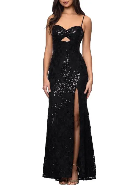 BLONDIE NITES Sequin Floral Lace Cutout Detail Gown - Black