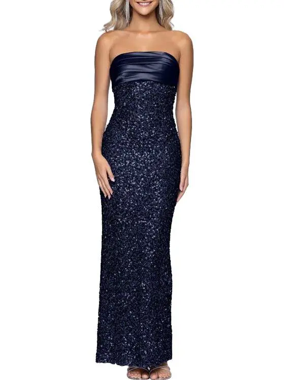 BLONDIE NITES Sequin & Satin Strapless Gown - Navy