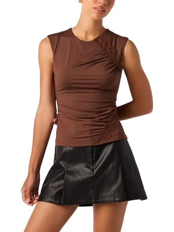 Astr The Label Frances Lace Trim Ruched Top - Brown