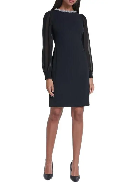Karl Lagerfeld Paris Jewel Neck Long Sleeve Scuba Crepe Sheath Dress - Black