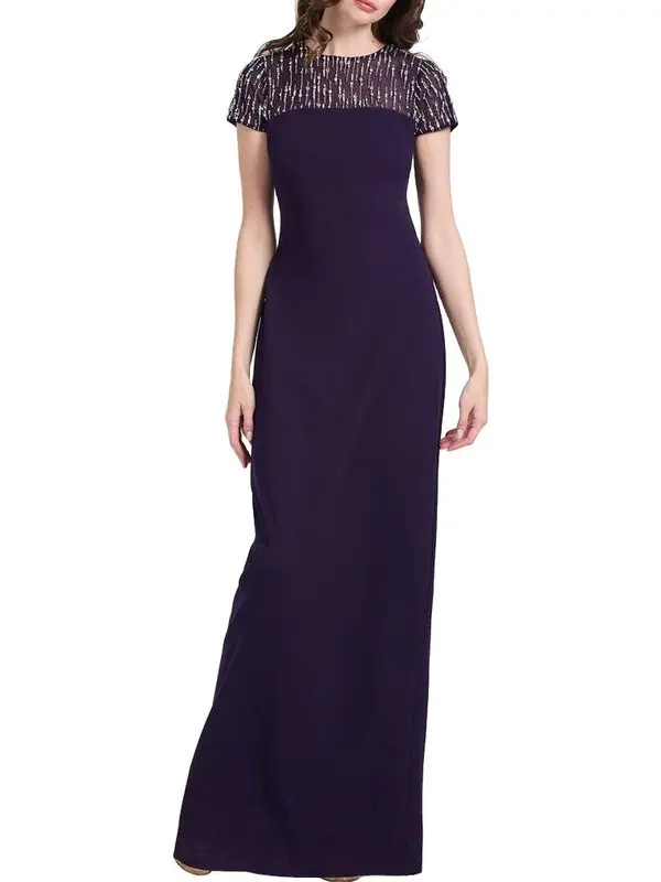 EMILY SHALANT Crystal Embellished Illusion Neck Stretch Crepe Gown - Amethyst