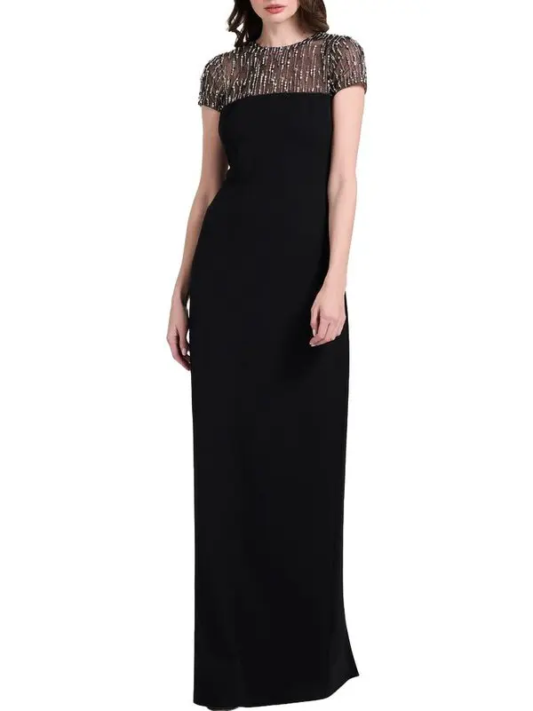 EMILY SHALANT Crystal Embellished Illusion Neck Stretch Crepe Gown - Black