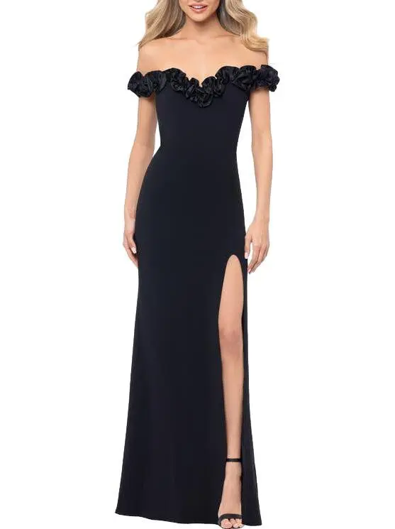 BLONDIE NITES Off The Shoulder Scuba Crepe Gown - Black