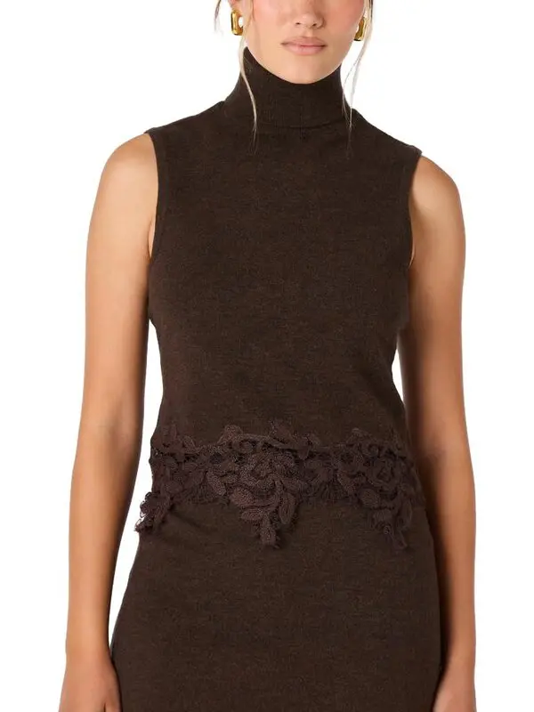 Astr The Label Nadine Lace Trim Sleeveless Turtleneck Sweater - Brown