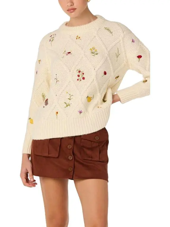 Astr The Label Rose Embroidered Diamond Cable Sweater - Ivory