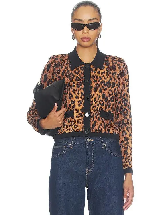 L'Agence Osiris Collared Cardigan In Brown - Tan Leopard