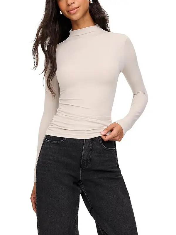 Spanx Smooth Jersey Mock Neck Long Sleeve Ruched Top - Bone