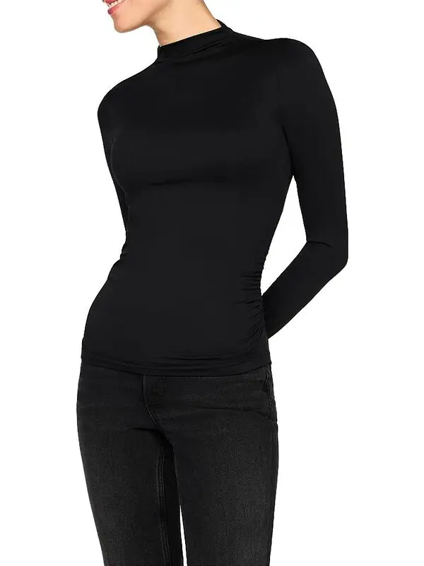 Spanx Smooth Jersey Mock Neck Long Sleeve Ruched Top - Classic Black