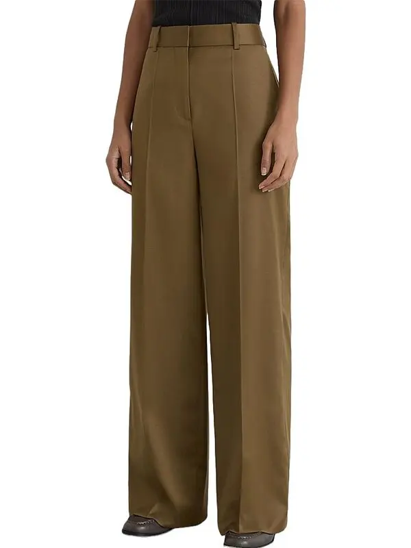 REISS Adie Wool Stretch Wide Leg Pants - Khaki