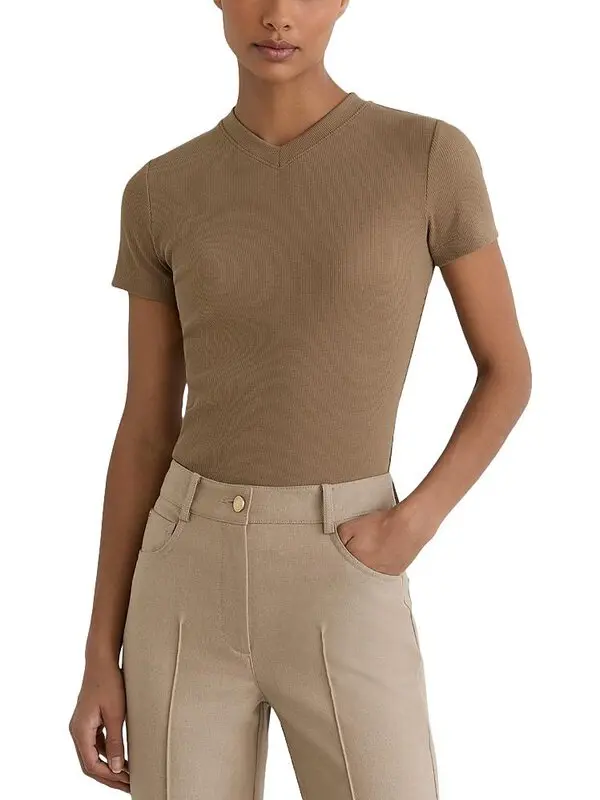 REISS Addison Cotton Stretch High V Neck Ribbed Tee - Camel