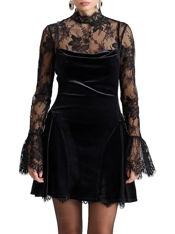 Avec Les Filles Twofer Lace Combo Mini Dress - Black