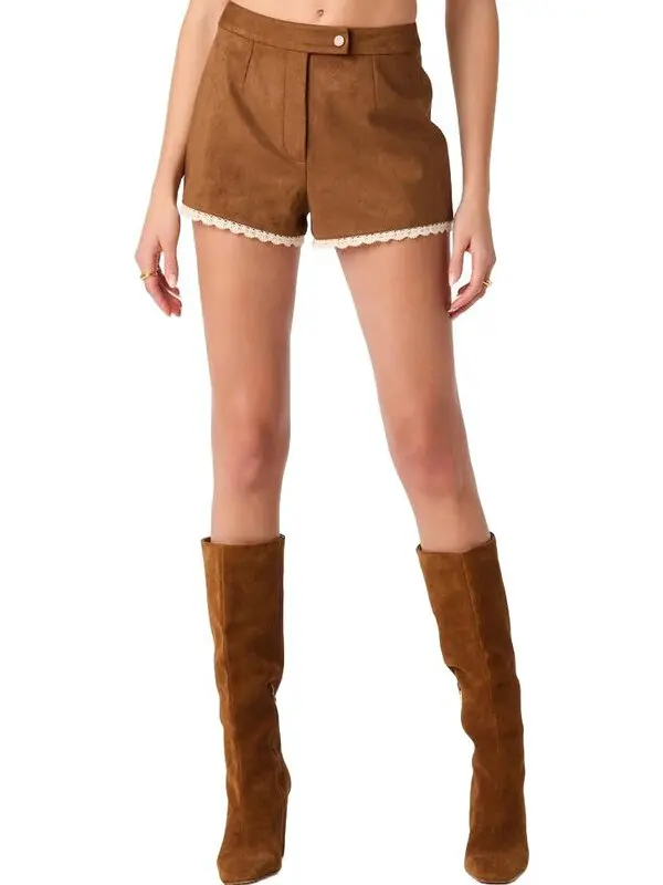 Astr The Label Kya Lace Trim Faux Suede Shorts - Chestnut
