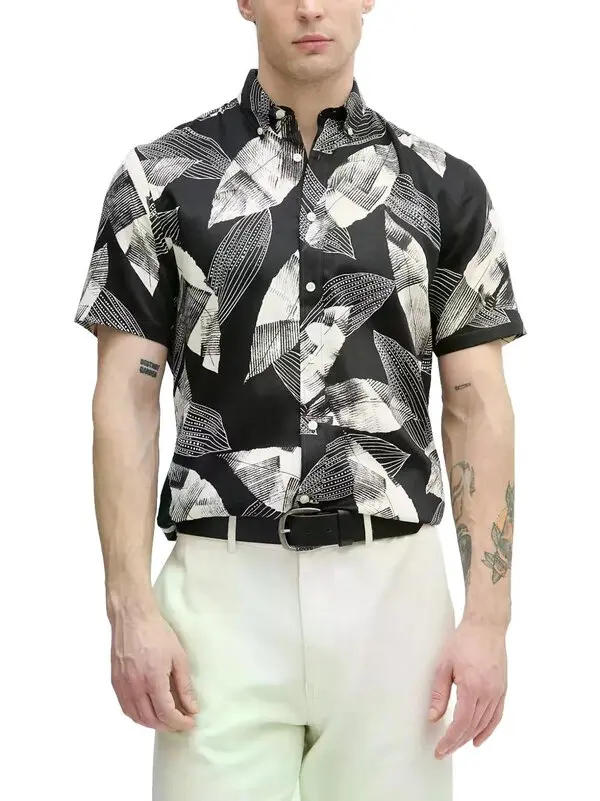 Lindbergh Leaf-print Short-sleeve Shirt - Black