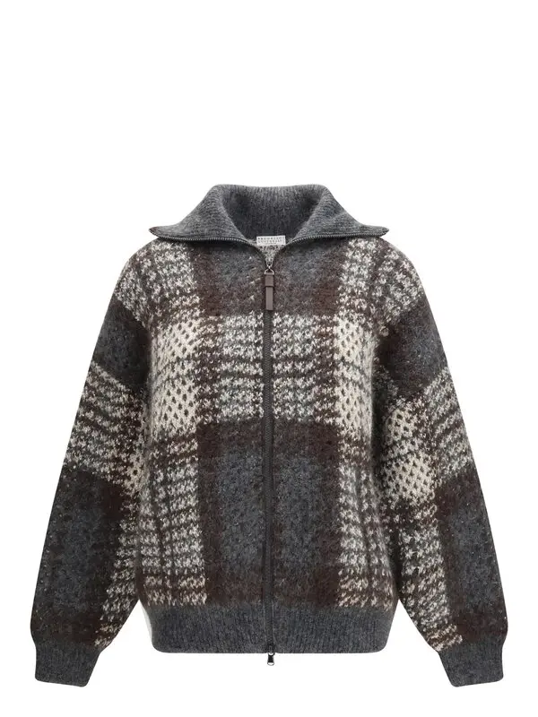 Brunello Cucinelli Checked Wool Zip Cardigan Feale - Grey