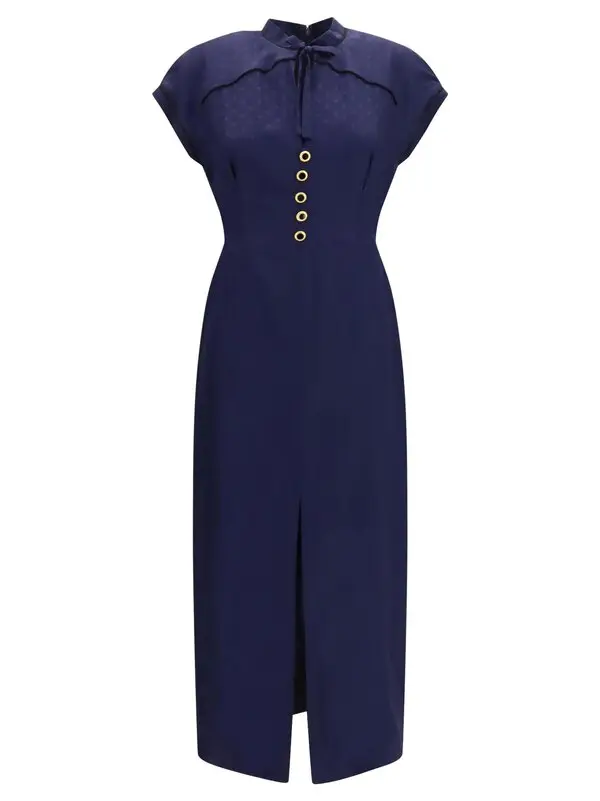 Alessandra Rich Silk Midi Dress With Buttons And Contrast Piping - Blue