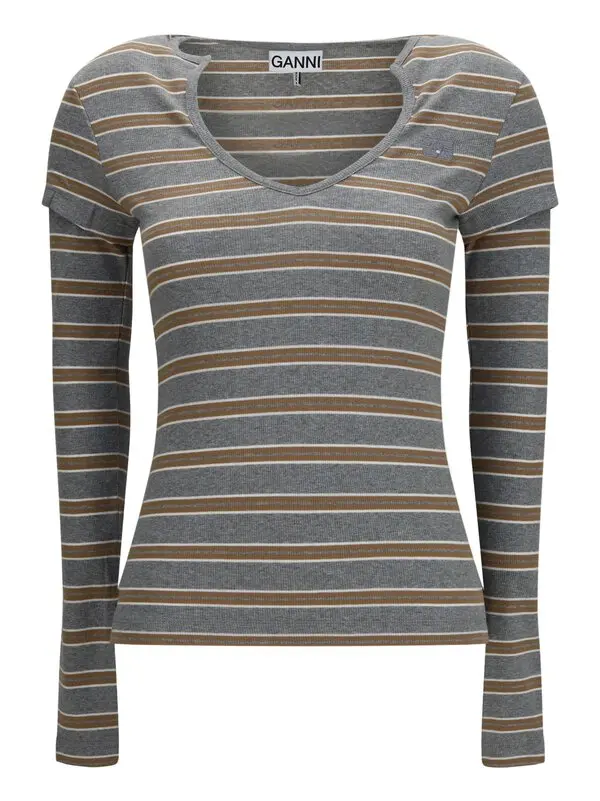 GANNI Ribbed V-neck Long-sleeve T-shirt Feale - Grey