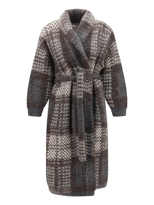 Brunello Cucinelli Macrocheck Mohair Bend Coat With Bet Femae - Grey
