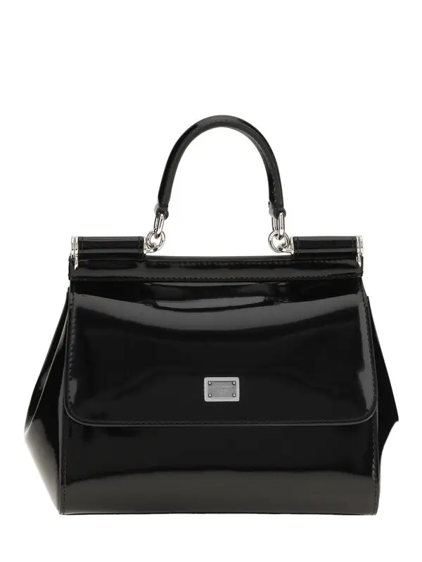 Dolce & Gabbana Small Sicily Glossy Calfskin Handbag - Black