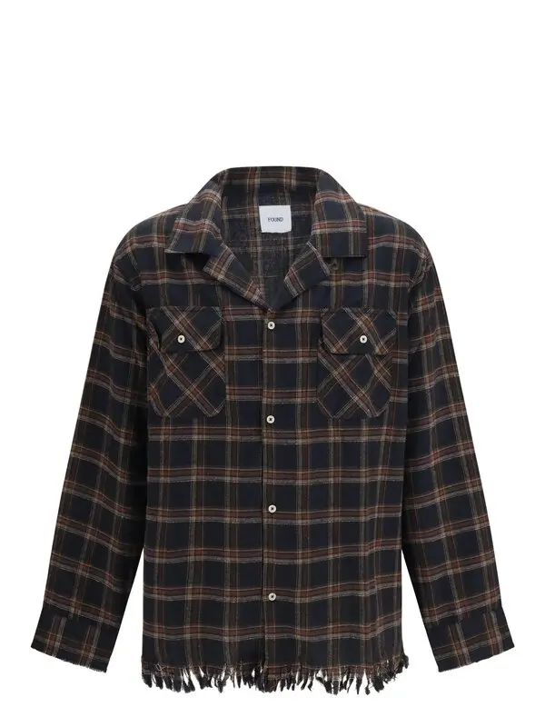 FOUND Raw-cut Fringe Plaid Shirt - Blue