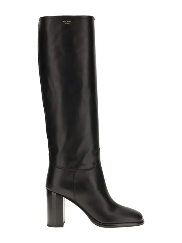 Prada High Leather Boots With Screen-printed Logo - Black