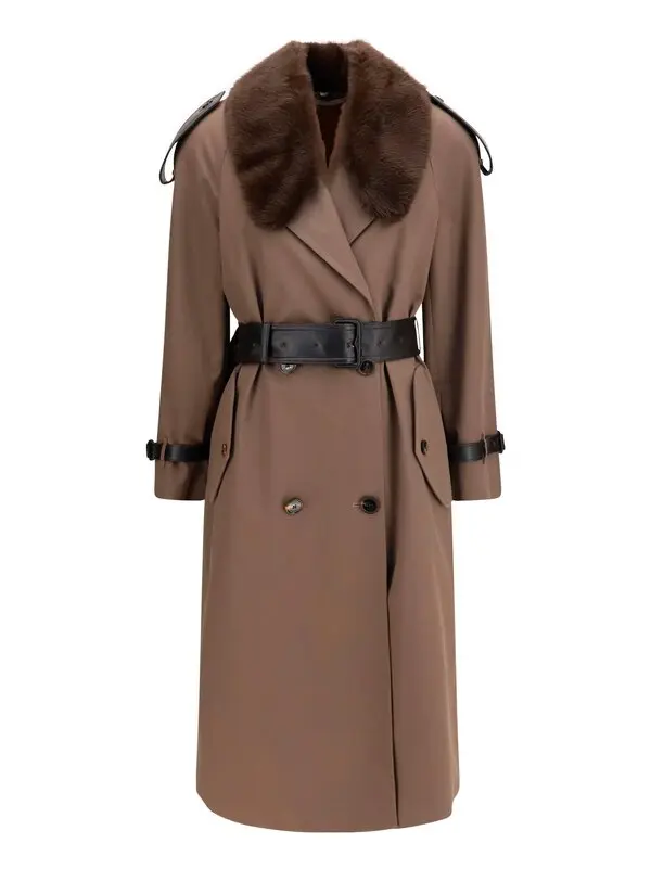 Burberry Long Cotton Trench Coat With Buffalo Leather Collar - Brown