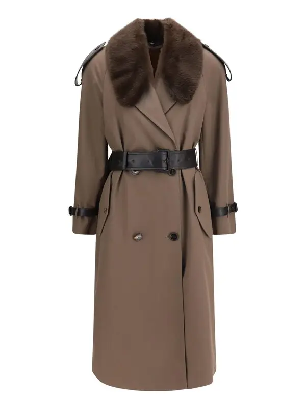 Burberry Long Cotton Trench Coat With Buffalo Leather Collar - Brown