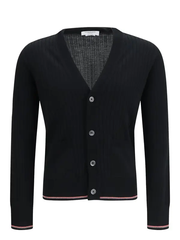 Thom Browne Ribbed Merino Wool Cardigan - Black