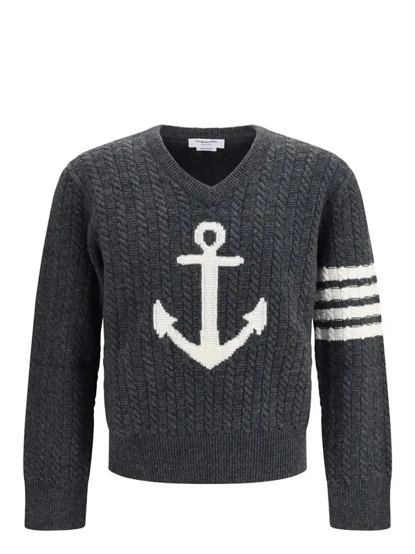 Thom Browne Bar Merino Wool Sweater With Anchor Motif - Grey