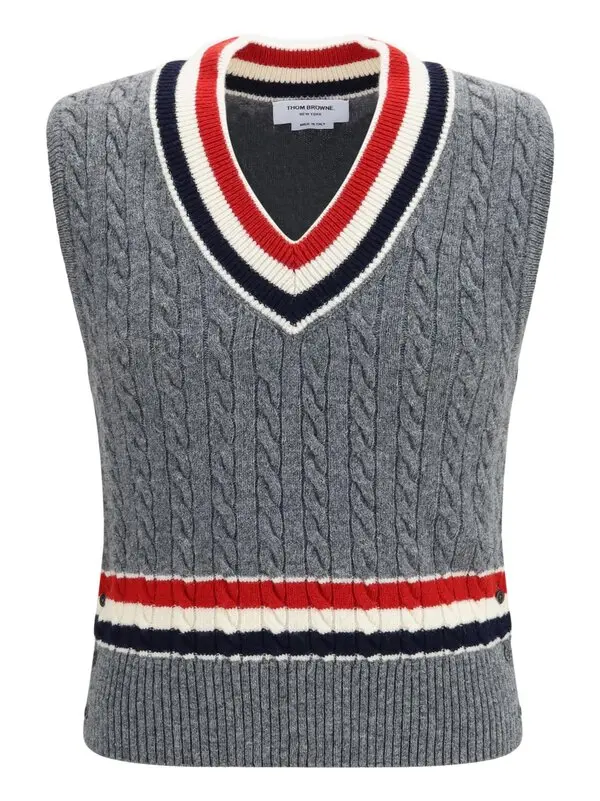 Thom Browne Cable-knit Cricket V-neck Vest - Grey