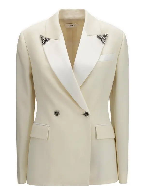 Versace Stretch Wool Blazer With Embroidered Lapels - Cream