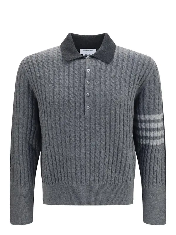 Thom Browne 4-bar Cable-knit Long-sleeve Polo Sweater - Grey