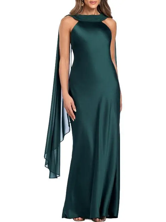 XSCAPE EVENINGS Scarf Sleeveless Satin Gown - Hunter