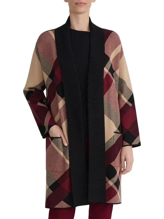 Jones New York Plaid Turnback Collar Cardigan - Classic Wine Multi