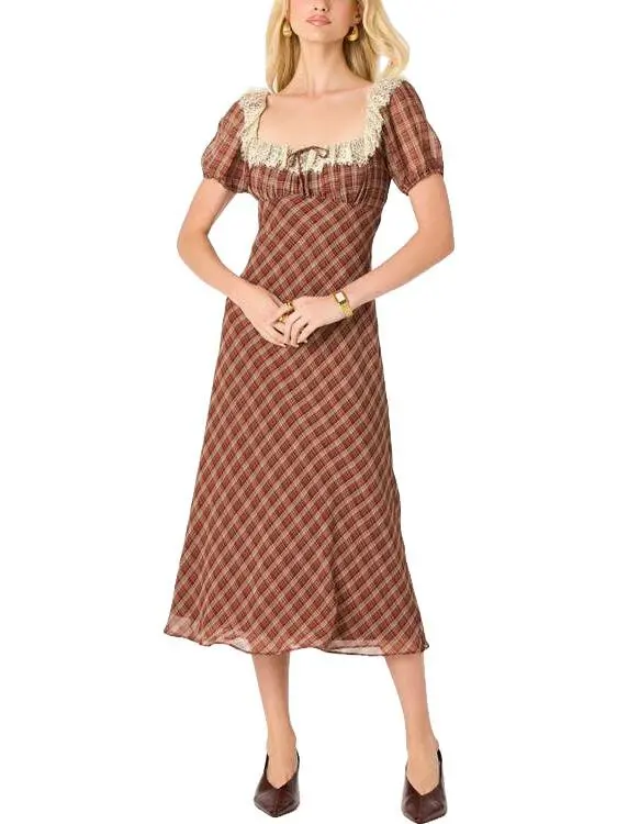 Astr The Label Edwardine Lace Trim Plaid Midi Dress - Wine Plaid