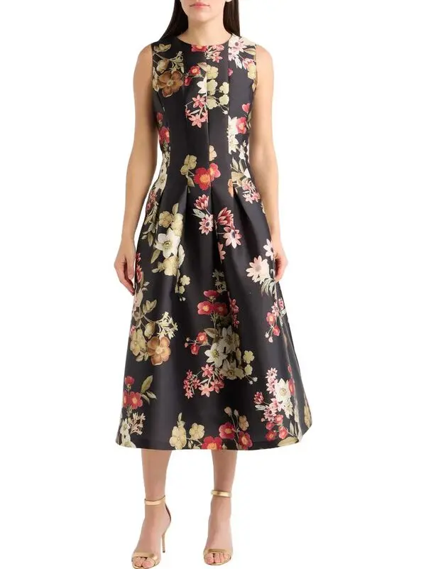 Julia Jordan Floral Print Pleated Cocktail Dress - Black Multi