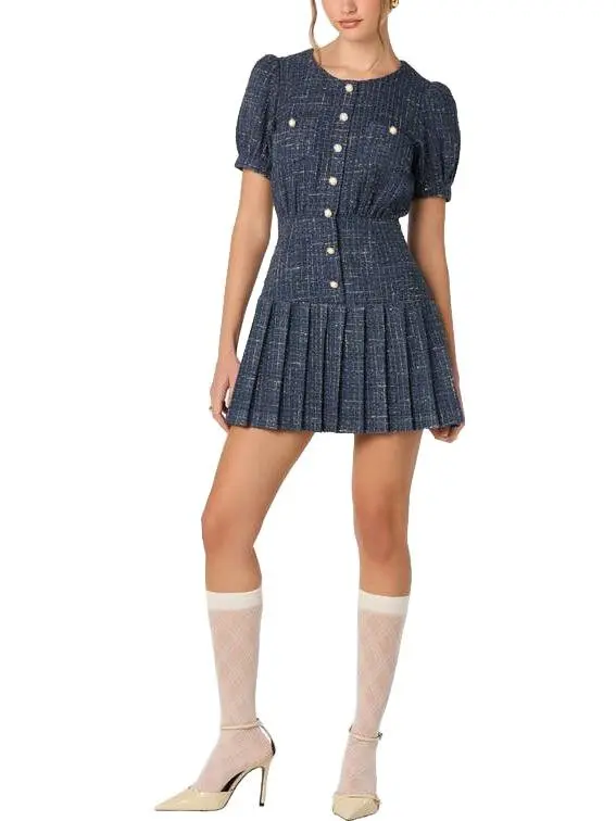 Astr The Label Brenlee Pleated Tweed Minidress - Denim Blue