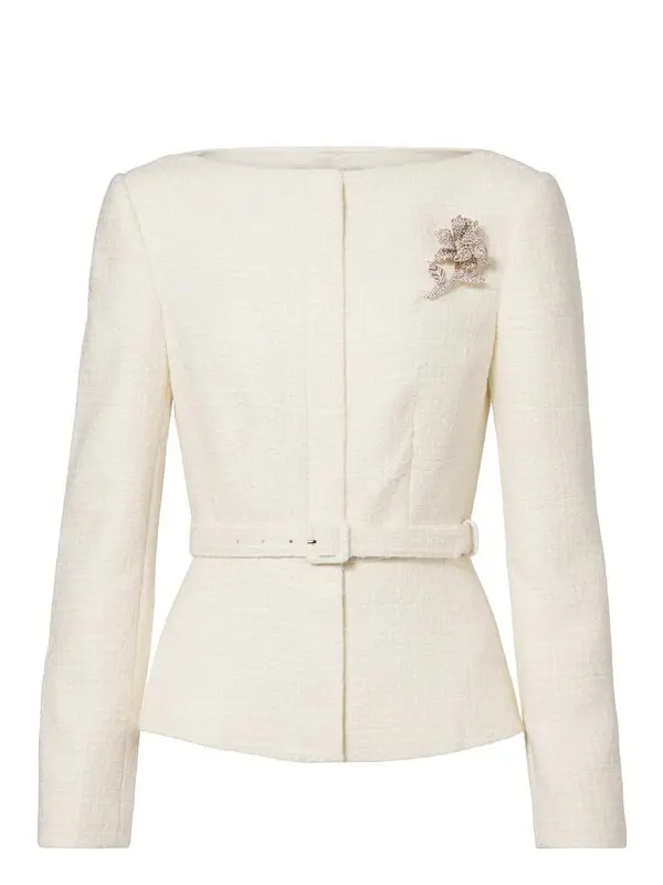 Roland Mouret Belted Embellished Bouclé Jacket - White