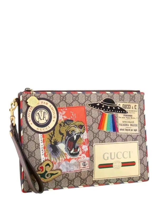 Gucci Courrier Pouch Gg Coated Canvas With Applique Clutch Bag - Brown