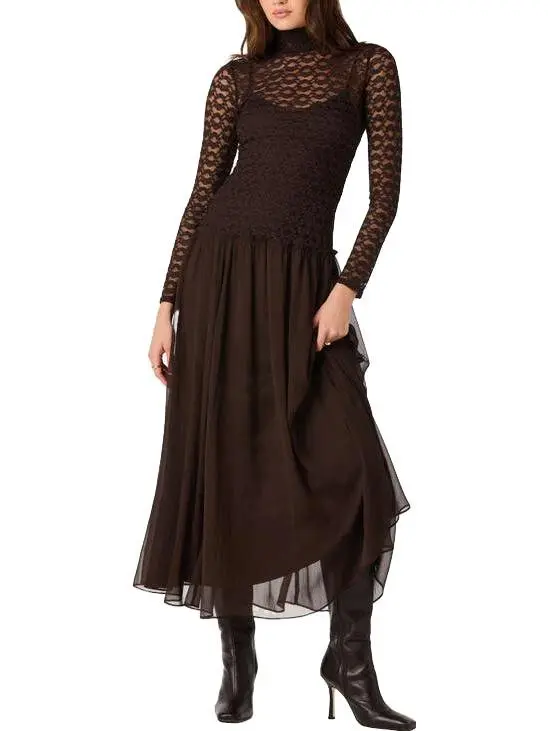 Astr The Label Camila Lace Mock Neck Midi Dress - Espresso