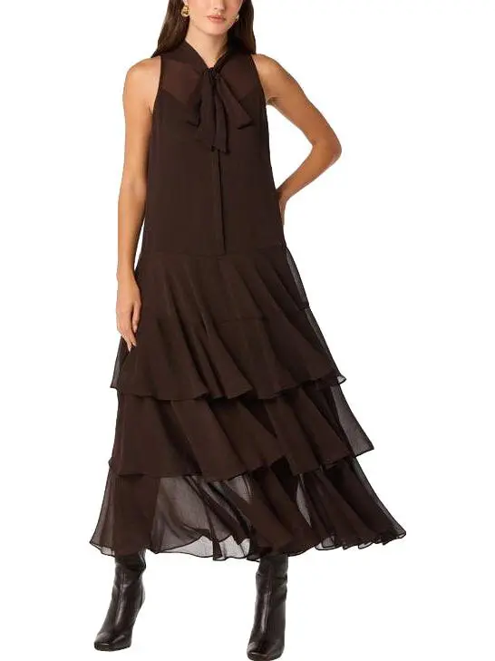 Astr The Label Katheryn Tie Neck Tiered Midi Dress - Espresso